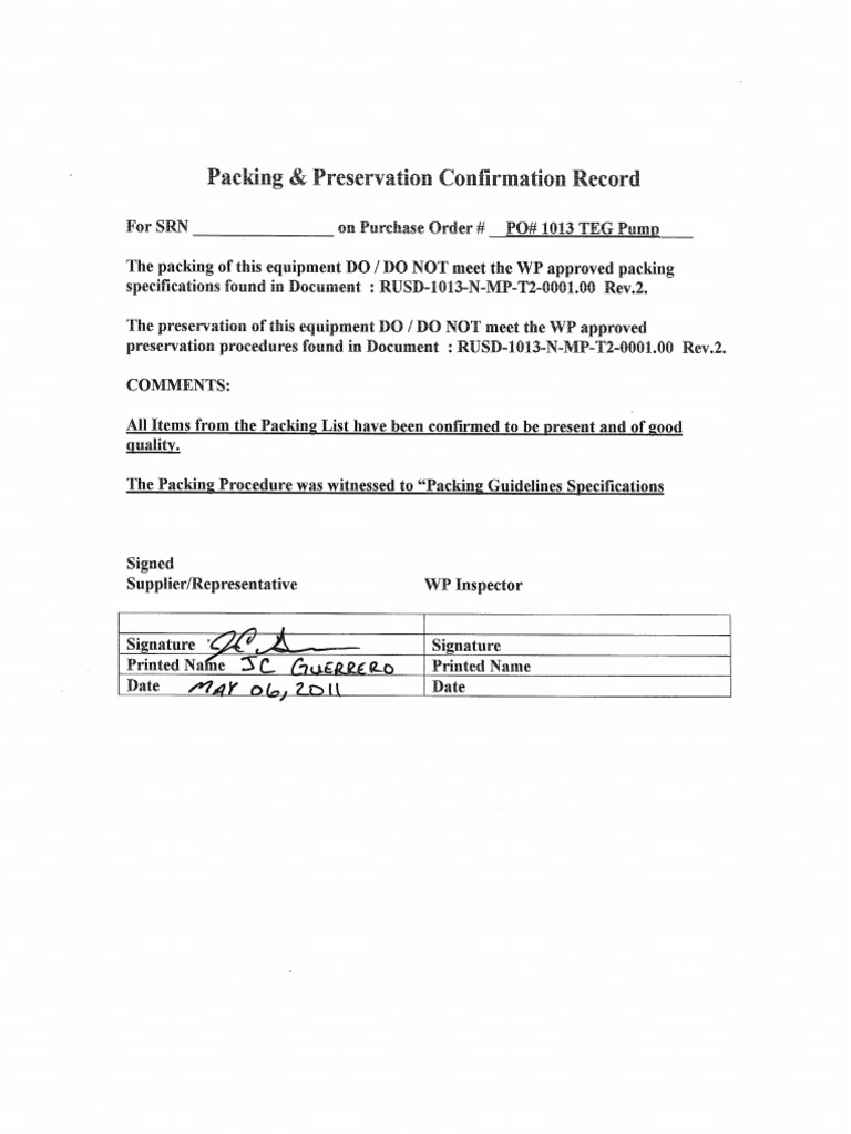 Packing Preservation Confirmation Record TEG Pump - SignedJCG | PDF