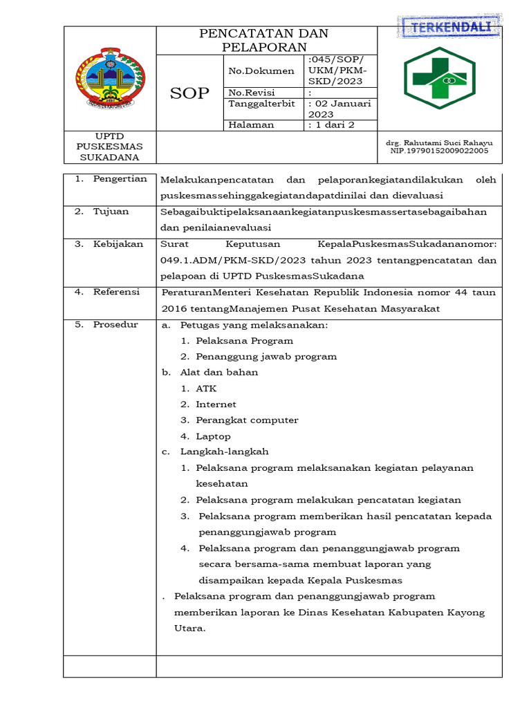 SOP Pencatatan Puskesmas | PDF