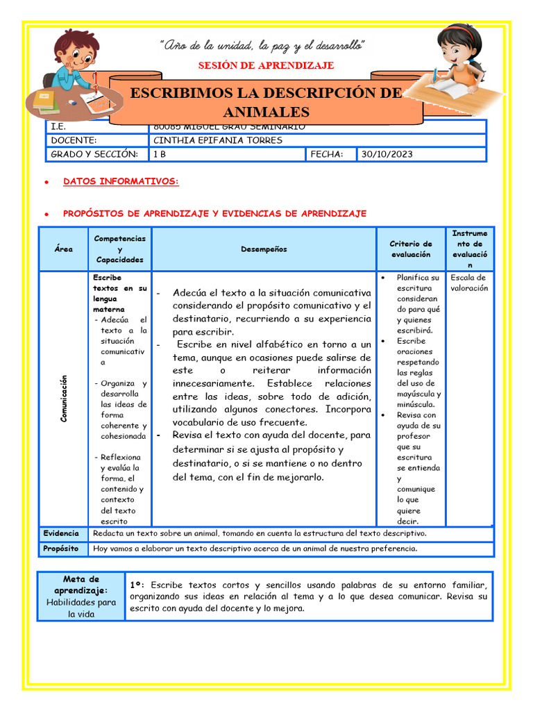 Sesión de Com Escribimos La Descripción de Animales | PDF | Evaluación ...