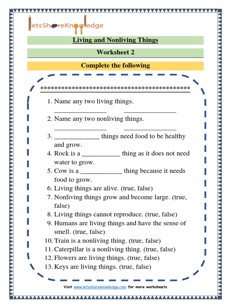 Grade 1 Living and Nonliving Things Science Printable Worksheet 2 | PDF