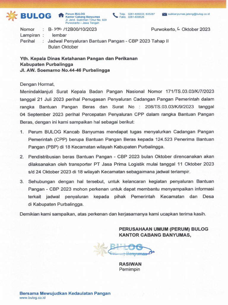 Jadwal Distribusi PBP Purbalingga | PDF