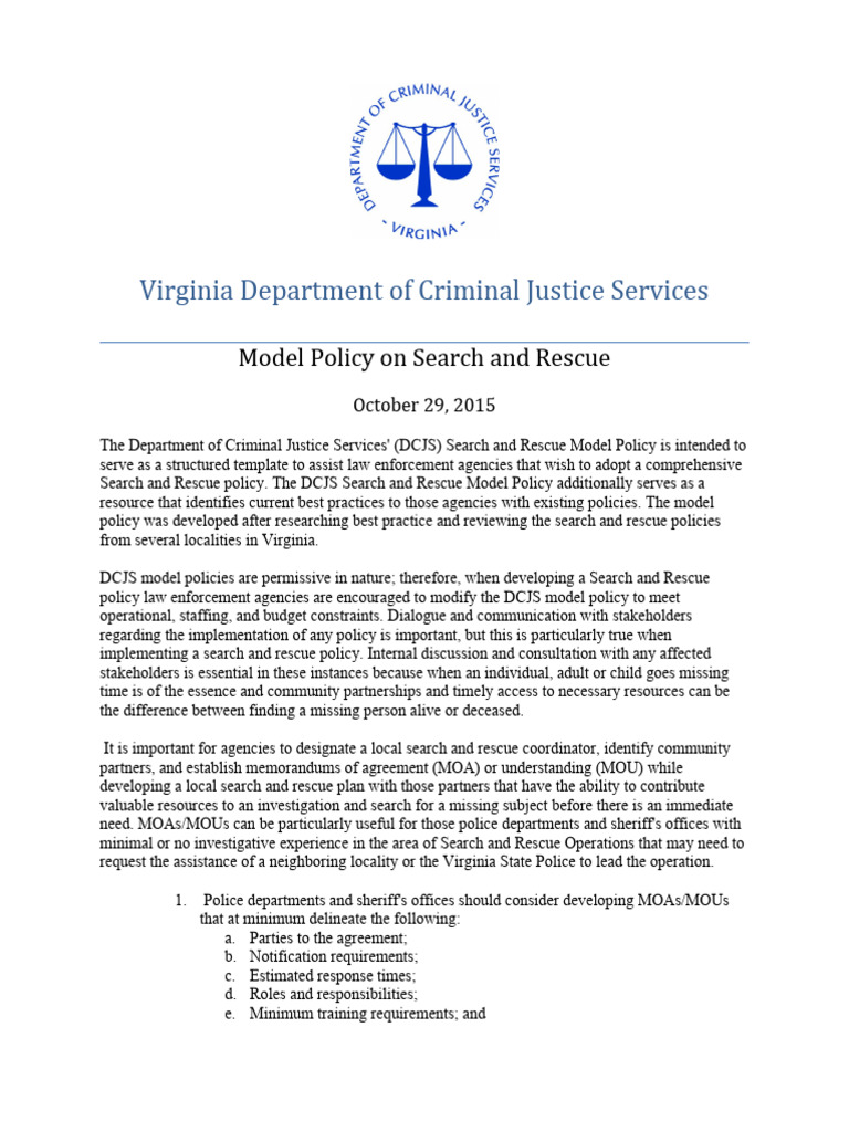 Virginia Search and Rescue Policy Guide | PDF | Search And Rescue | Police