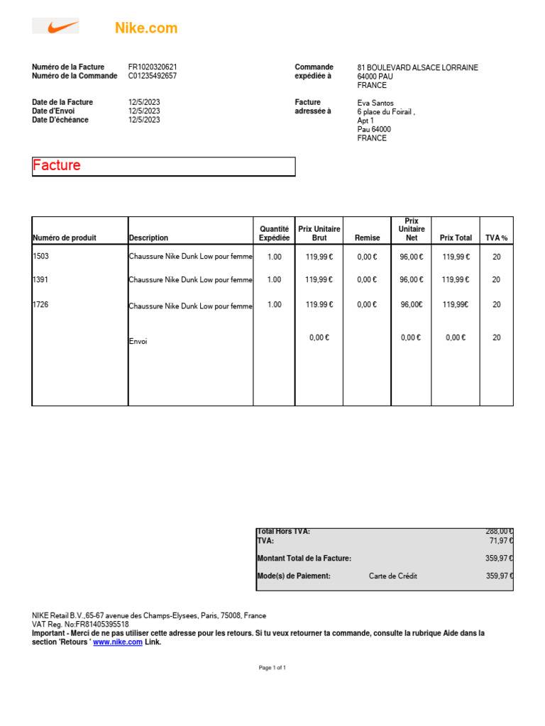 Facture Nike | PDF | Documents commerciaux | Comptabilité