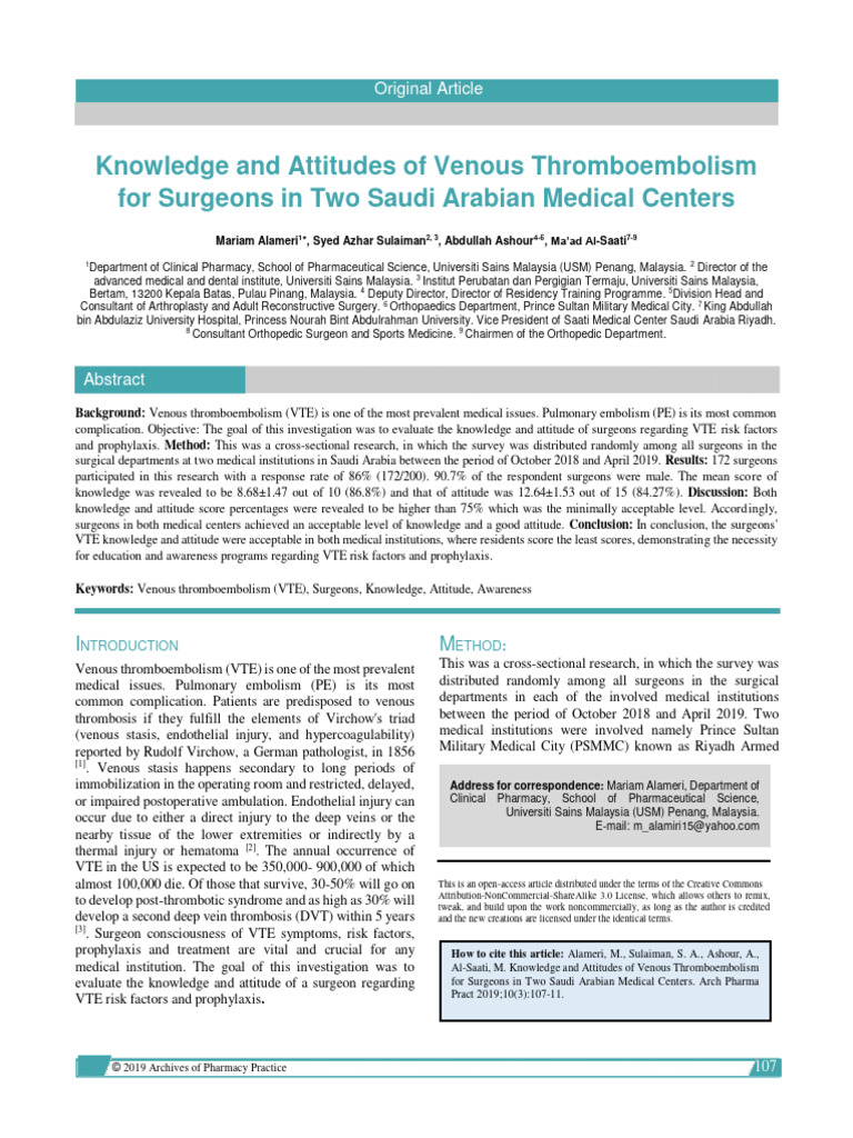 Knowledge and Attitudes of Venous Thromboembolism For Surgeons in Two Saudi Arabian Medical ...