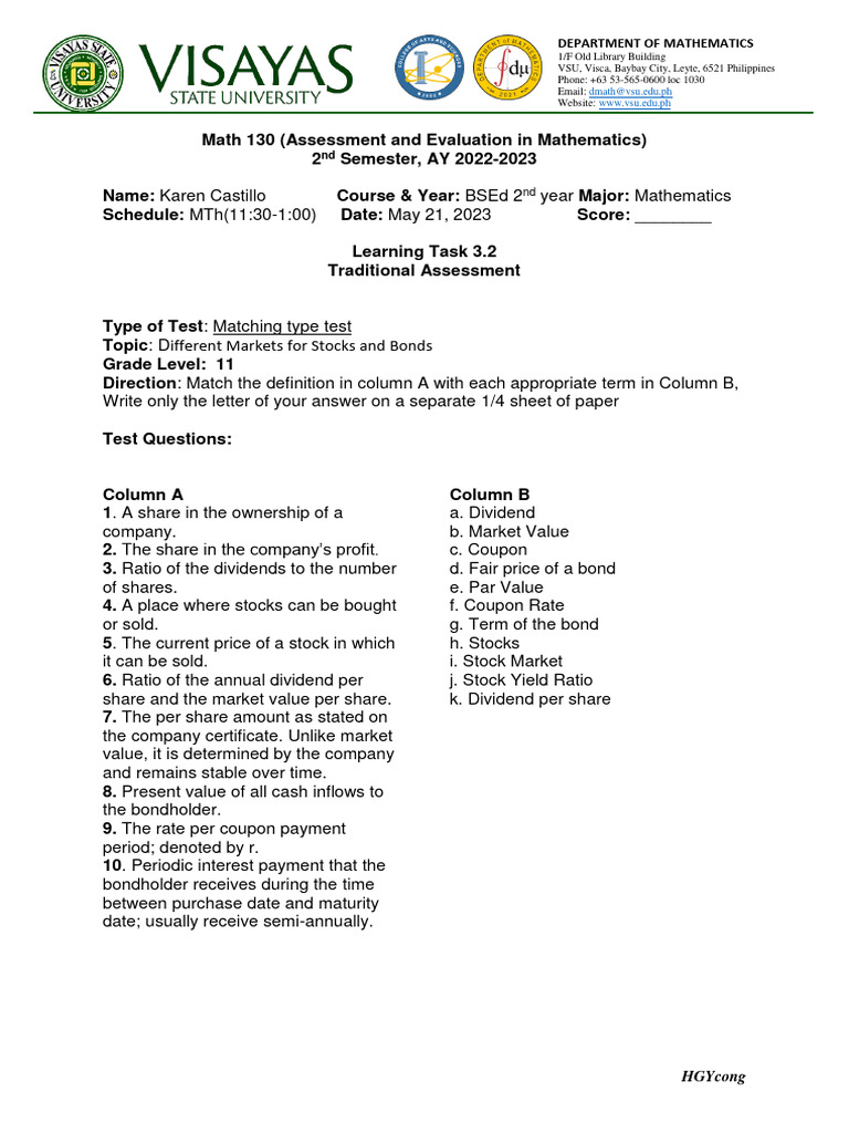 Math 130 Matching Type | PDF | Bonds (Finance) | Dividend