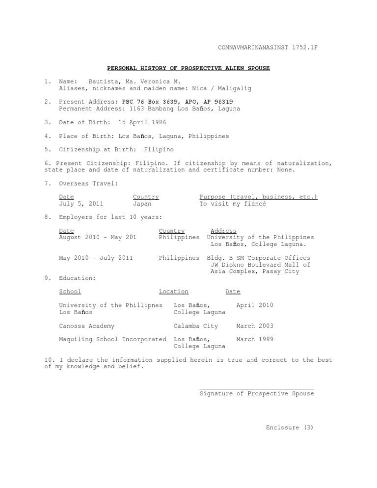Personal History of Prospective Alien Spouse Encl 3 | PDF