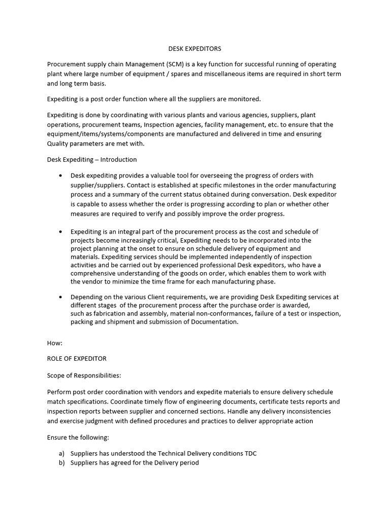 Desk Expediting | PDF | Supply Chain | Procurement Desk Expediting | PDF | Supply Chain | Procurement