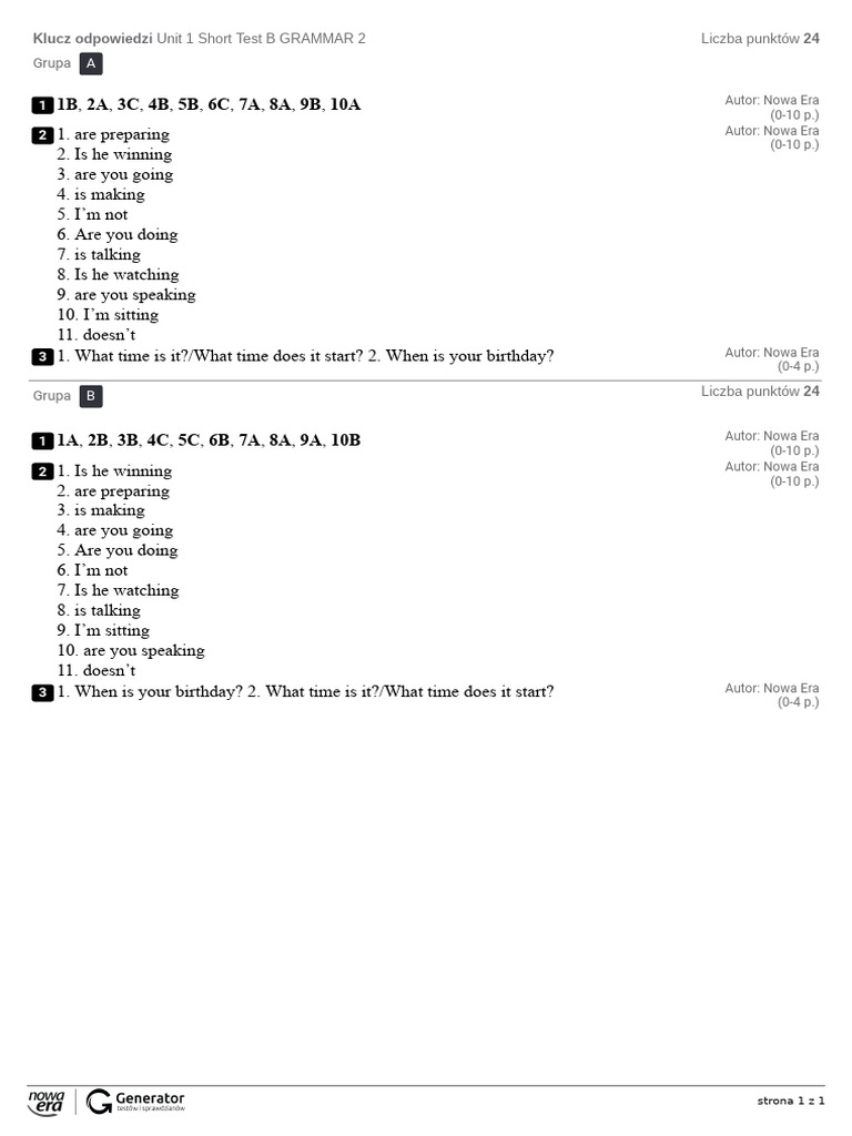 Unit 1 Short Test B GRAMMAR 2 Klucz Odpowiedzi | PDF