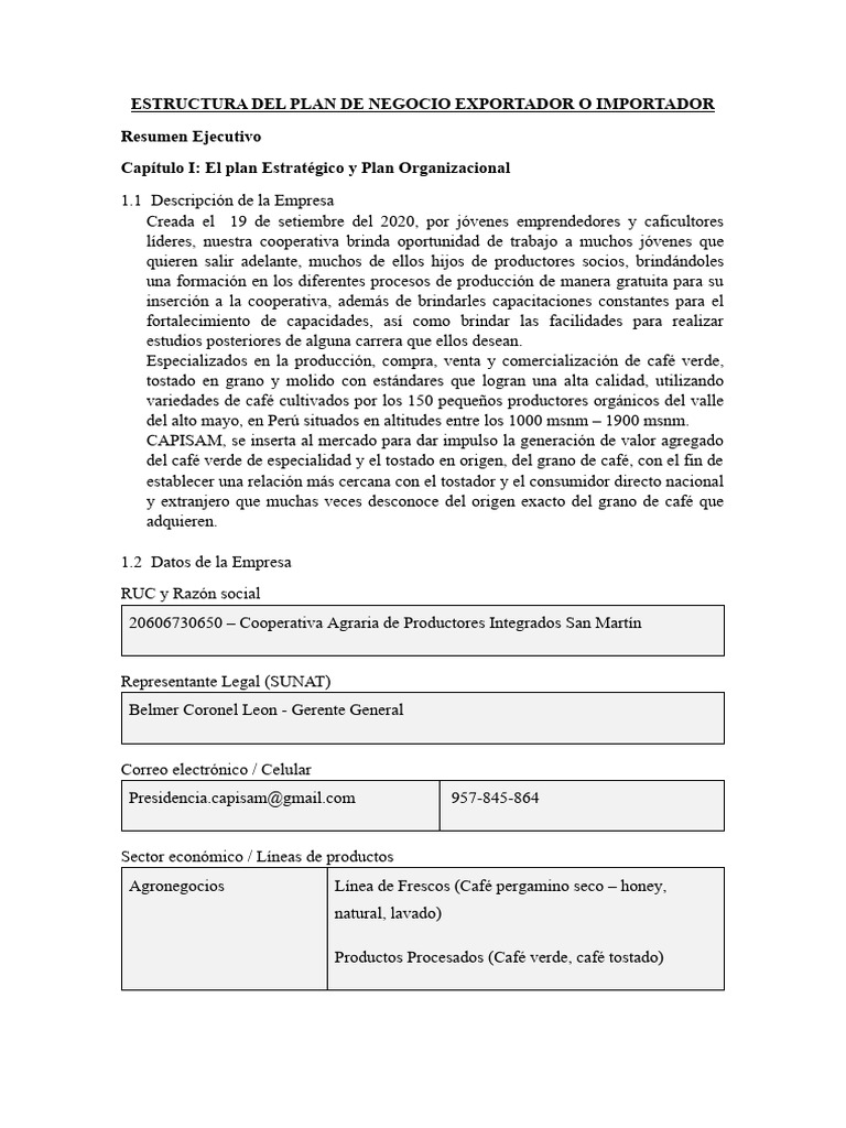 Estructura Del Plan De Negocio Exportador Pdf Café Producto Negocio