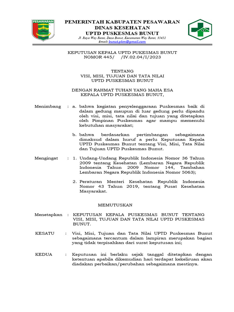 SK Visi, Misi, Tujuan Dan Tata Nilai Puskesmas | PDF