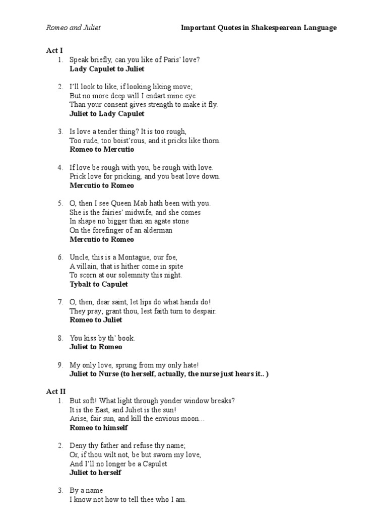 Romeo and Juliet - Important Quotes PROPER DOC-SHAKESPEARE | PDF ...