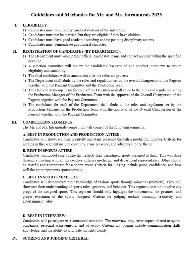 Guidelines and Mechanics For Mr. and Ms. Intramurals | PDF | Sports ...
