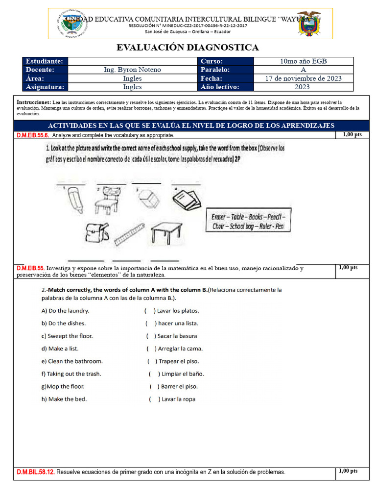 Evaluación Diagnóstica 10mo EGB | PDF | Evaluación | Ecuaciones