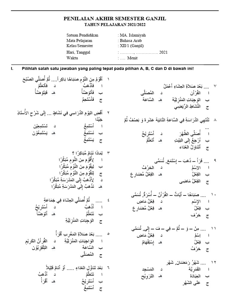 Soal Pas Bahasa Arab Xii | PDF