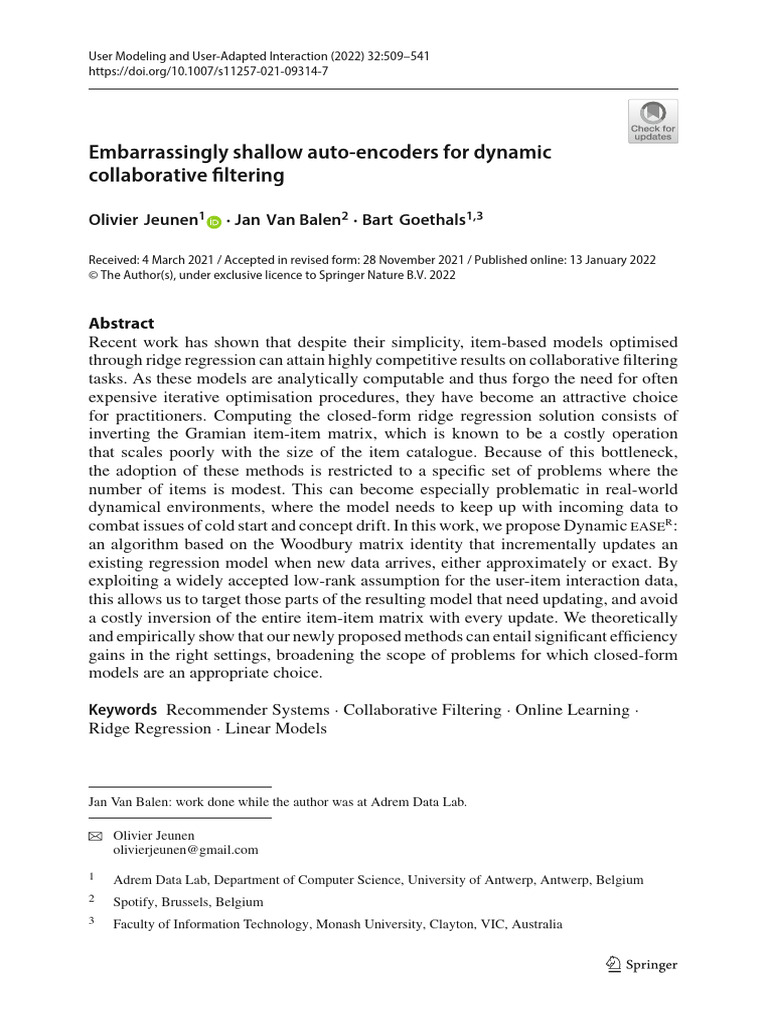 Embarrassingly Shallow Auto-Encoders For Dynamic | PDF | Matrix (Mathematics) | Cognition