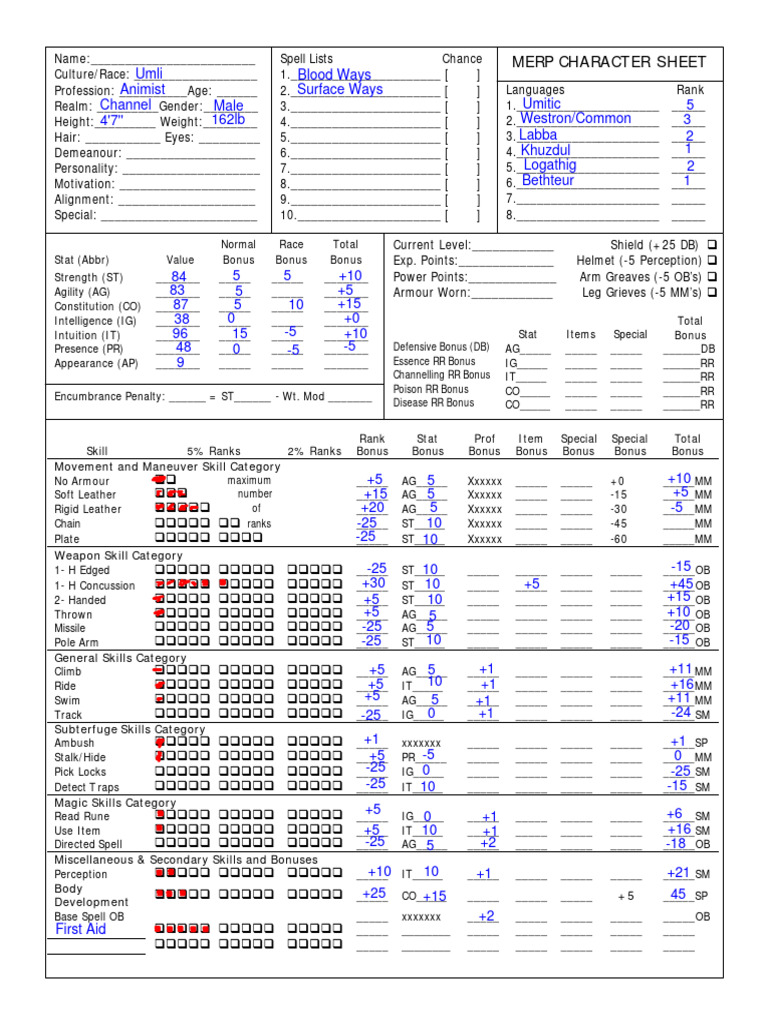 Merp Character Sheet: Defensive Bonus (DB) Essence RR Bonus Channelling RR Bonus Poison RR Bonus ...