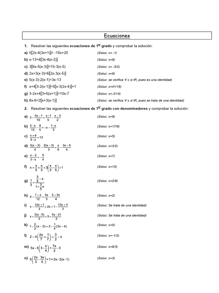 Ejercicios de Ecuaciones | PDF | Ecuaciones | Matemática Elemental