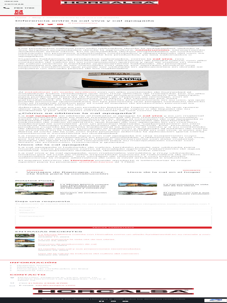 Diferencia Entre La Cal Viva Y Cal Apagada Horcalsa Pdf Agua