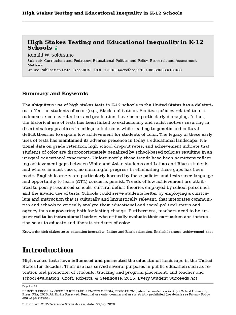 High Stakes Testing & K-12 Inequality | PDF | Race And Ethnicity In The ...