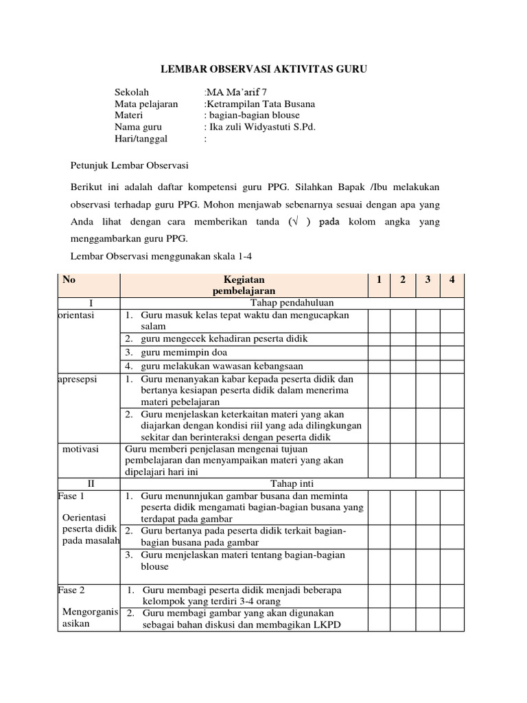 Lembar Observasi Aktivitas Guru & Siswa | PDF