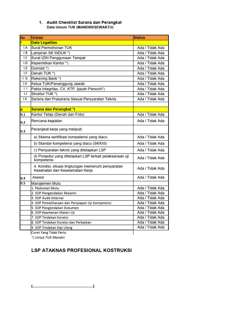 Daftar Ceklist Peralatan Sarana & Prasarana Tuk | PDF