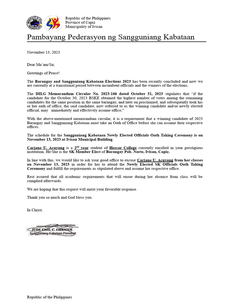Excuse Letter Oath Taking | PDF | Government Excuse Letter Oath Taking | PDF | Government