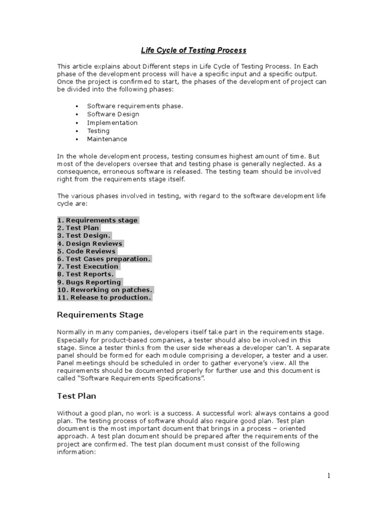 Life Cycle of Testing Process | PDF | Unit Testing | Software Bug