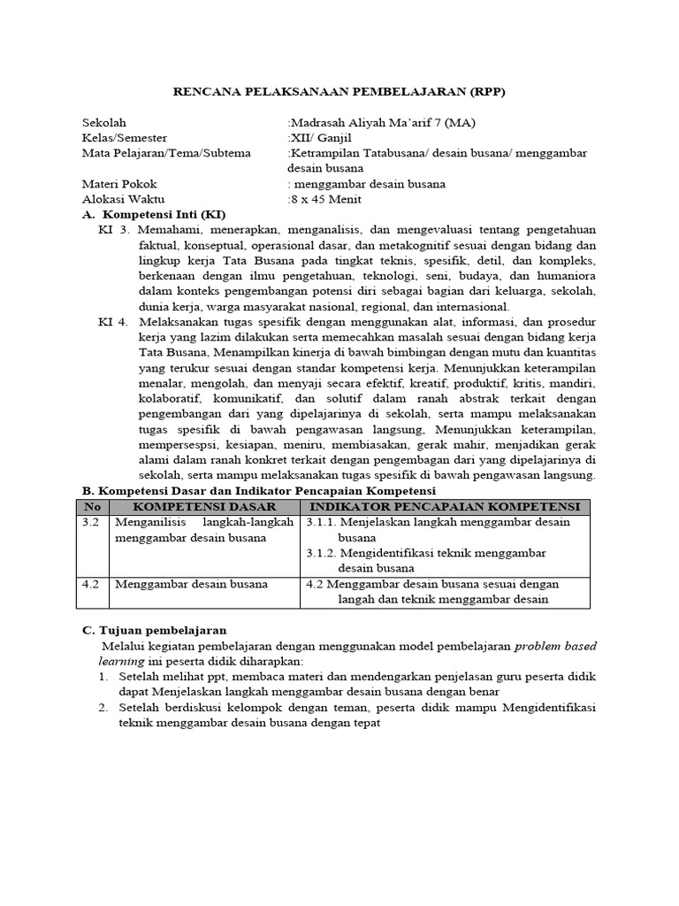 RPP Meggambar Desain Busana | PDF | Pengembangan Diri