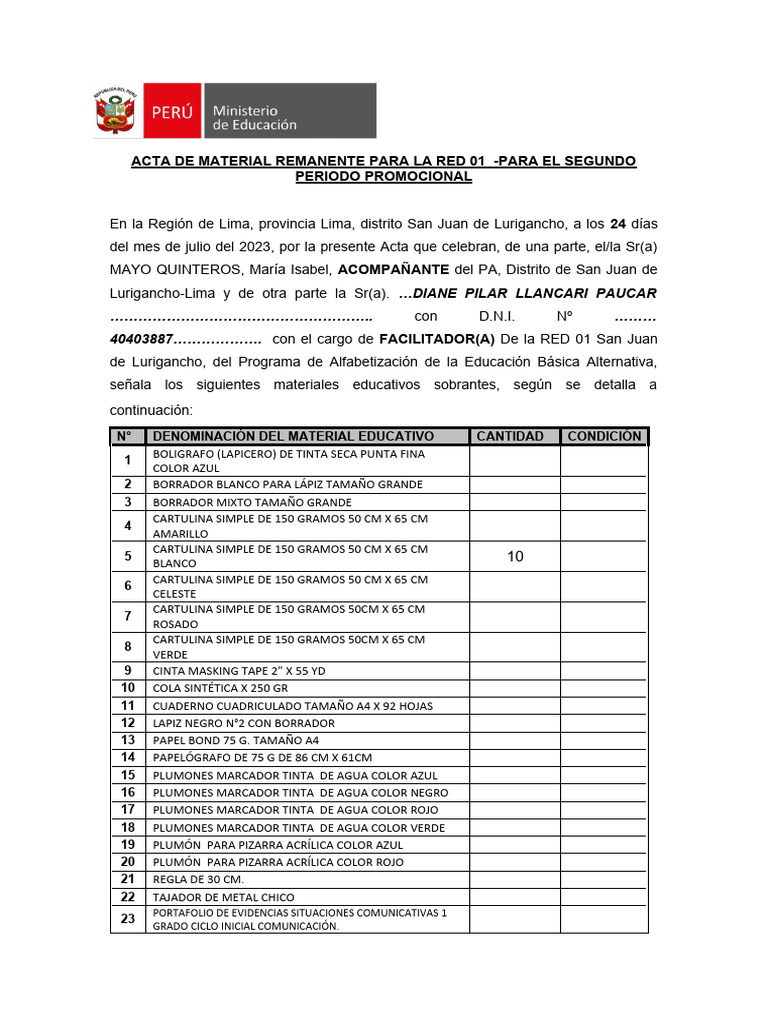 Acta de Material | PDF