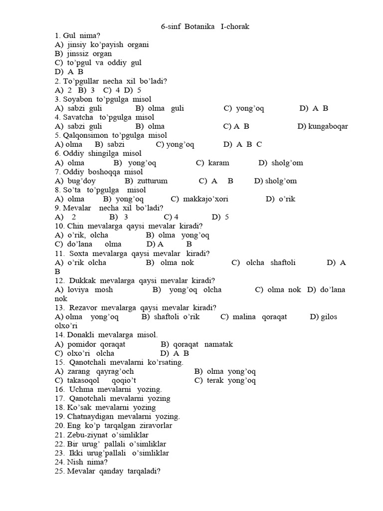 6 Sinf Biologiya Botanika Fanidan Testlar 1 | PDF