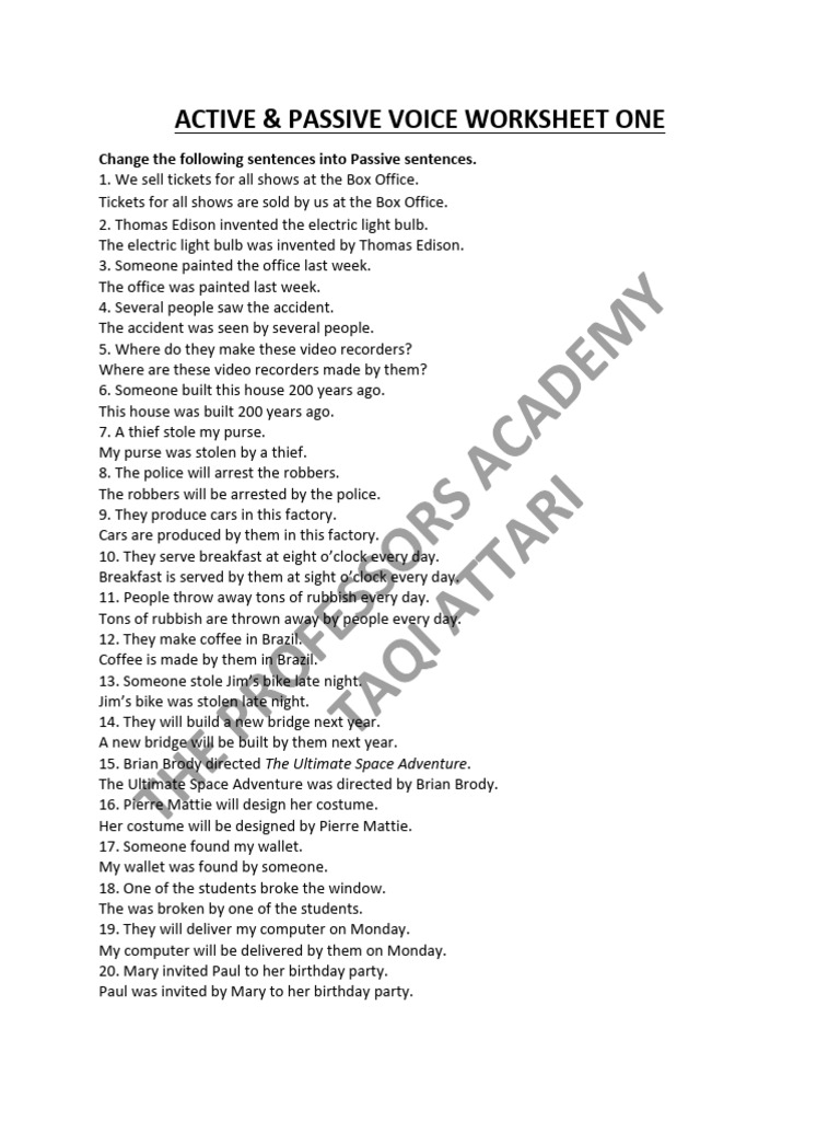 Active & Passive Voice Worksheet One Answer Key | PDF