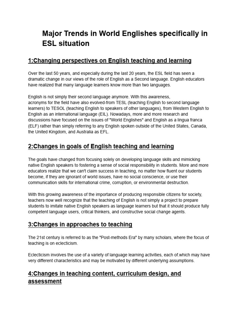 Major Trends in World Englishes Specifically in ESL Situation | PDF ...