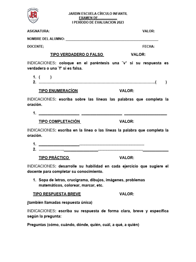 Formato de Examen Escuela | PDF