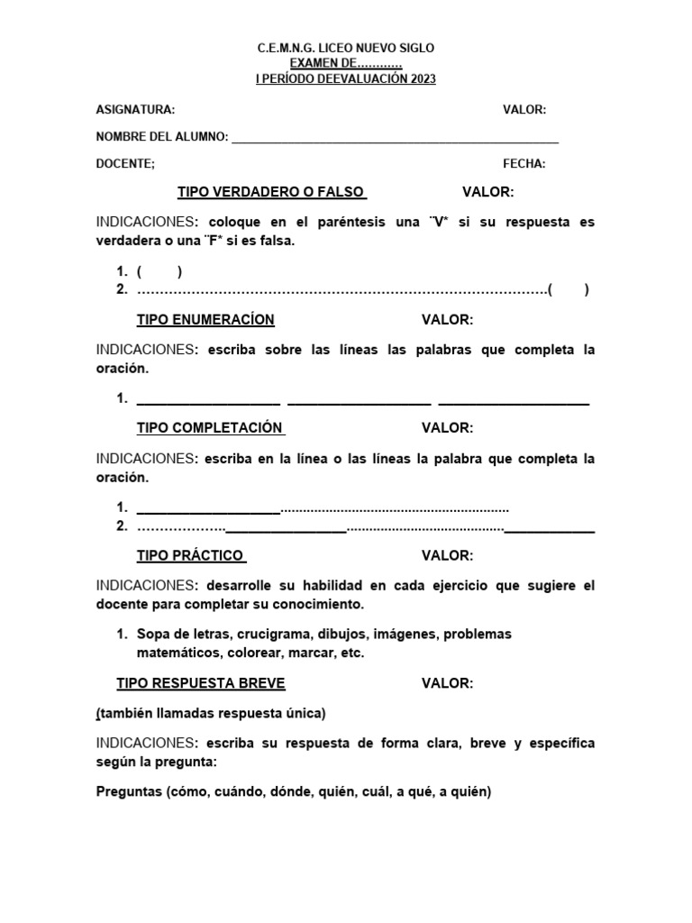 Formato de Examen Escolar 2023 | PDF