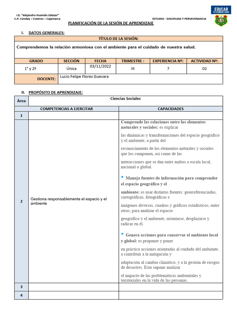 SESIÓN DE APRENDIZA CCSS 1°y 2° - 02 | Descargar gratis PDF | Aprendizaje | Evaluación