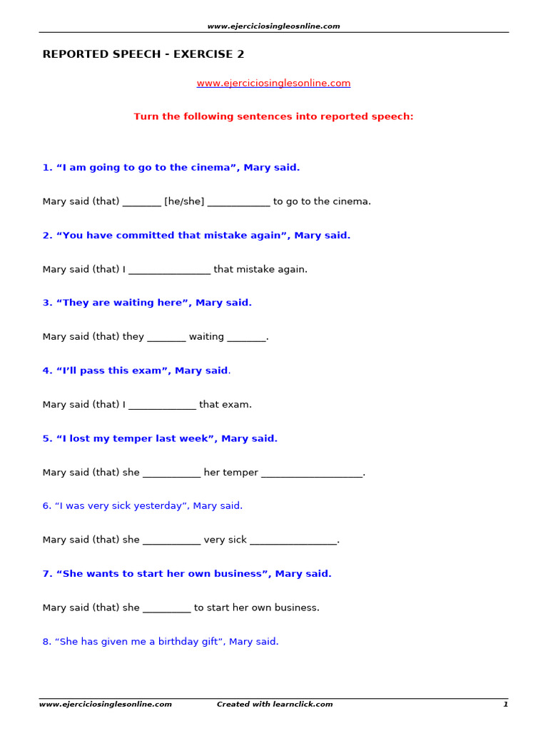 Reported Speech - Exercise 2 | PDF