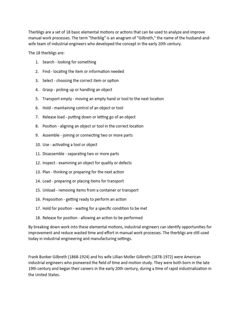 Therbligs Are A Set of 18 Basic Elemental Motions or Actions That Can ...