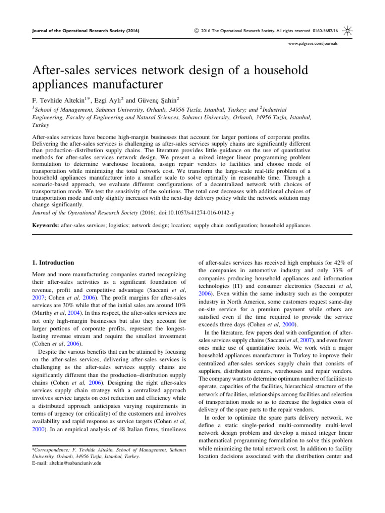 After-Sales Services Network Design of A Household | PDF | Supply Chain ...