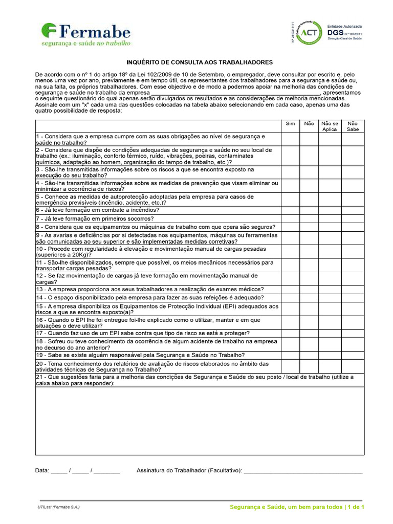 Modelo de Inquérito de Consulta Aos Trabalhadores em Matéria de SST ...