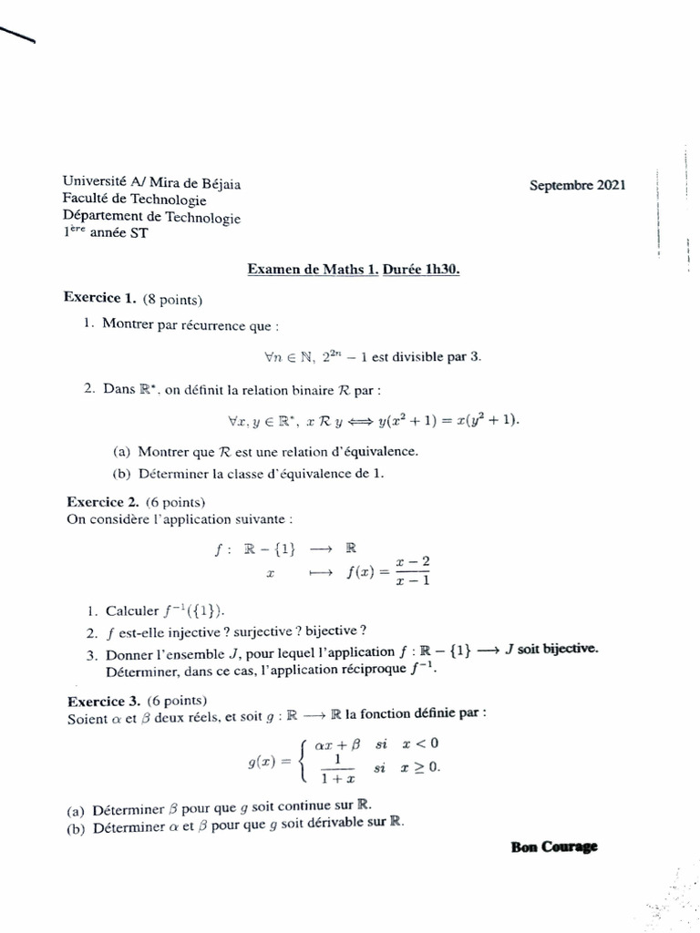 Corrigé de Lexamen de Maths 1 | PDF