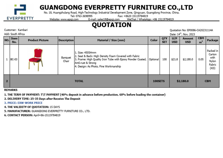 2023 11 14 Quotation of Banquet Chair | PDF | Industrial Processes ...