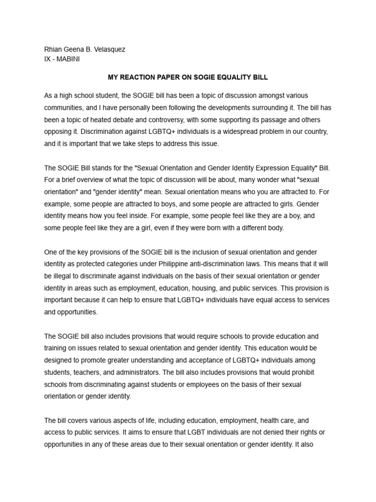 SOGIE Equality Bill Reaction Paper | PDF | Discrimination | LGBTQIA+ Studies