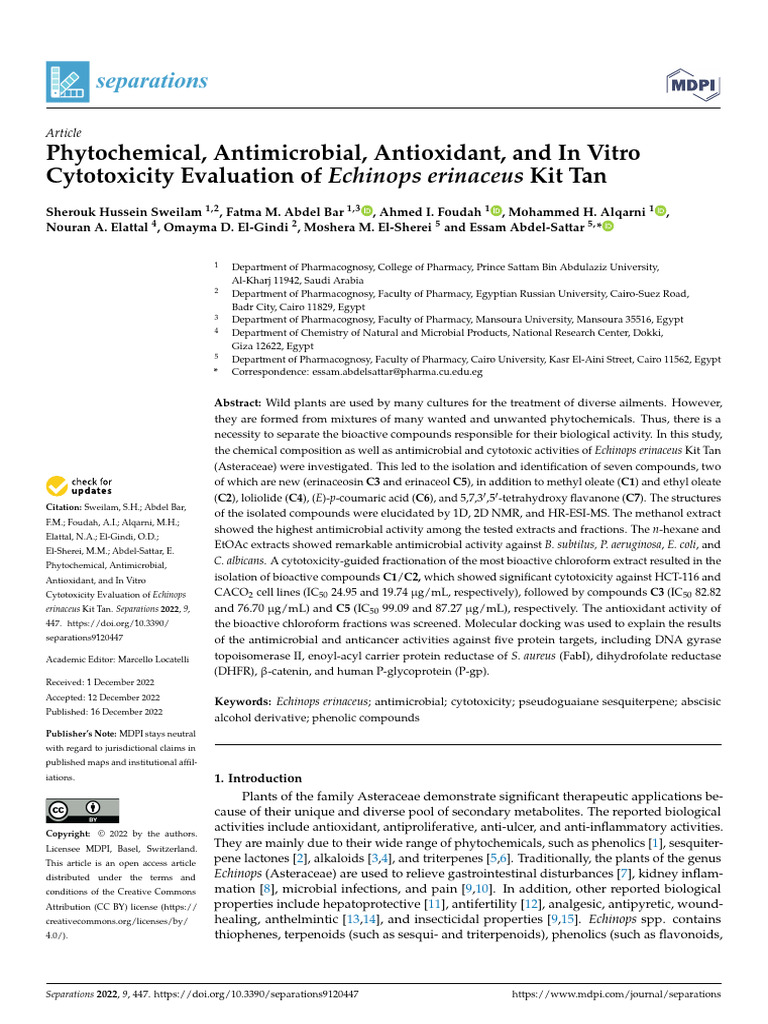 Phytochemical, Antimicrobial, Antioxidant, and in Vitro Cytotoxicity Evaluation of Echinops ...