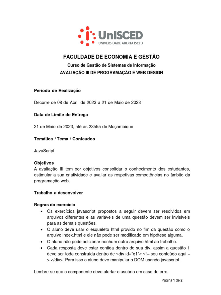 Prova Exercicio Javascript Pdf Script Java Rede Mundial De Computadores 