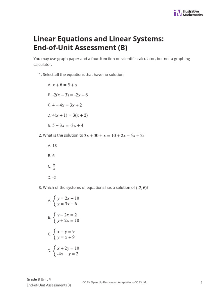 Grade8 4 End of Unit Assessment (B) Assessment | PDF | System Of Linear ...