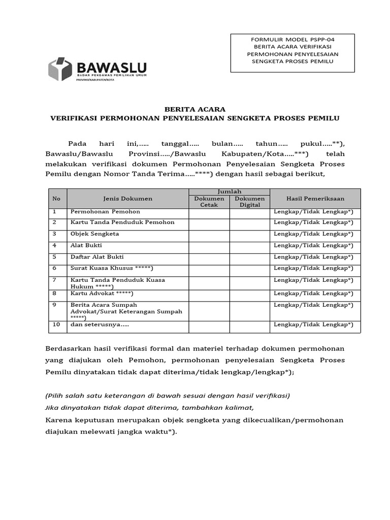 Model Pspp-04 Ba Verifikasi Permohonan | PDF