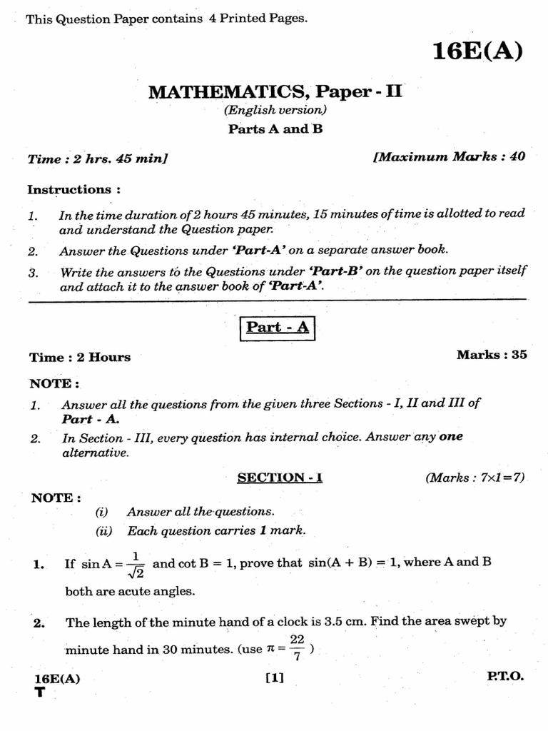 Telangana SSC Annual Exam Question Paper March 2017 MATHS Paper II ...