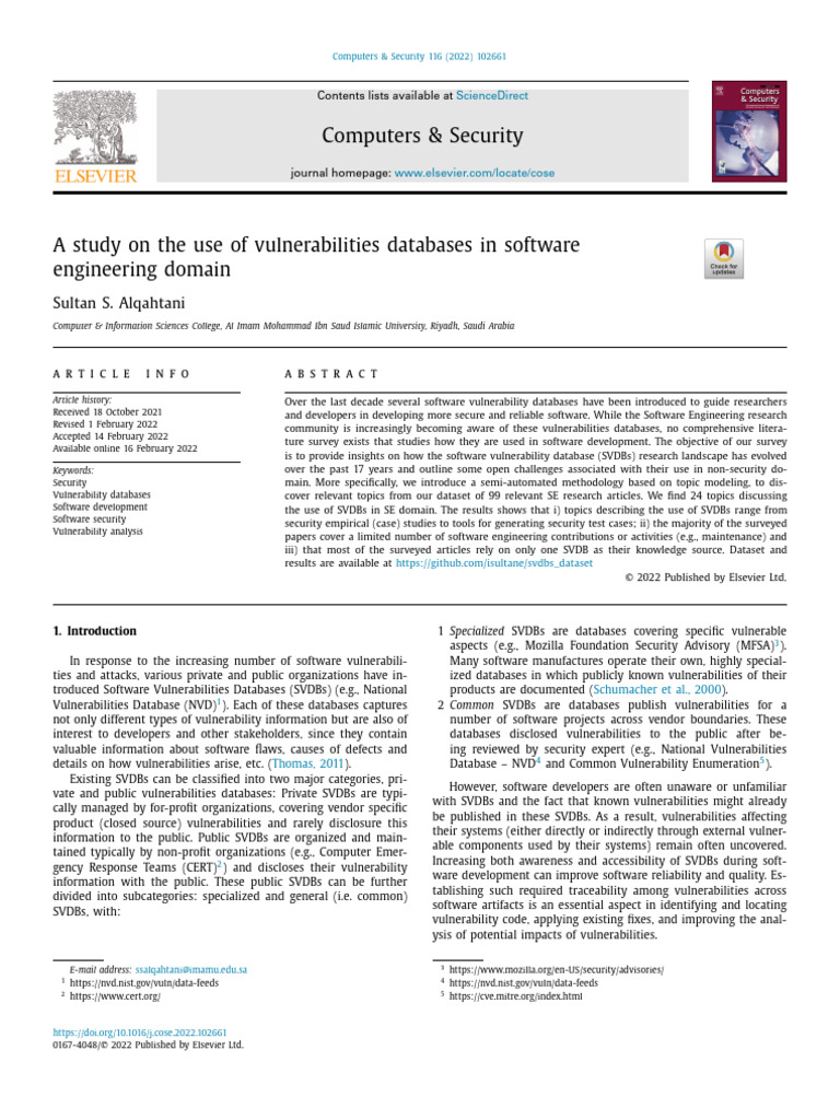 A Study On The Use of Vulnerabilities Databases in Softw - 2022 - Computers - Se | PDF ...