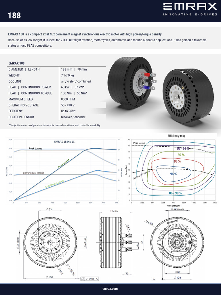EMRAX 188 Datasheet A00 | PDF | Electric Motor | Power (Physics)