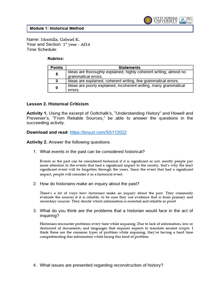 Lesson 2. Historical Criticism Activity 1. Using The Excerpt of ...